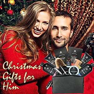 Bath Gift Set 14Pcs Beard Grooming, Bath & Body Spa Kit w/Beard Oil, Beard Balm, Beard Brush, Beard Comb, Beard Scissors, Storage Bag, Beard Growth Care for Men, Dad, Husband