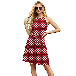 GRECERELLE Women 2023 Summer Halter Neck Dresses Sleeveless Casual Polka Dot Print Short Boho Ruffle Sundress(Medium, PD Wine Red)