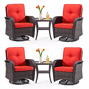 Gardenbee Patio Swivel Glider Wicker Chairs - Outdoor Swivel Rocking Chairs Set of 4 with 2 Wicker Side Tables, Patio Swivel Rocker Chair 6 Piece Patio Furniture Sets for Patio Porch Deck(Brown/Red)