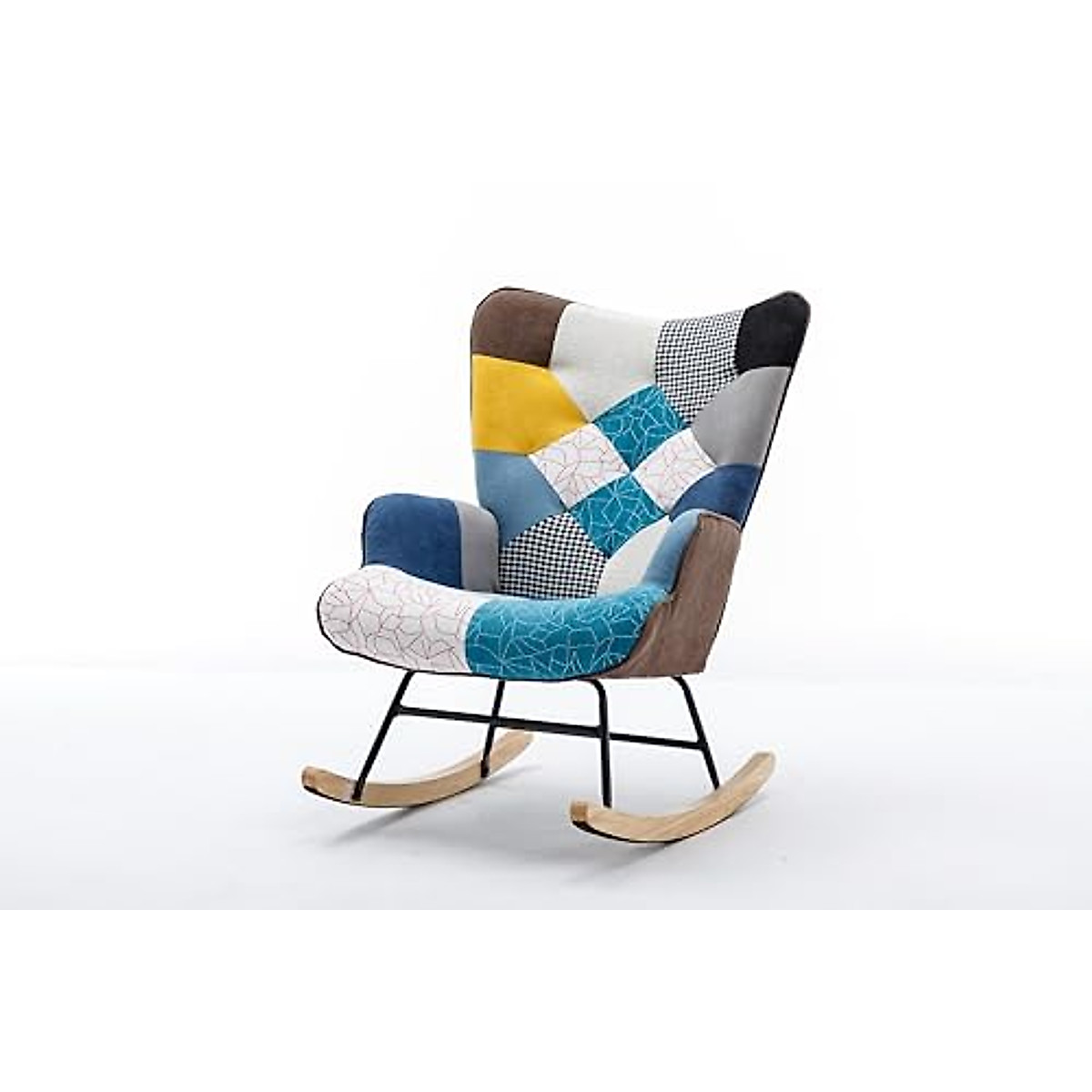 BIAYE Patchwork Solid Wood Armrest and Feet, Mid-Century Modern Accent, Fabric Sofa Chair for Living Room Bedroom Studio, Comfy Side Armchair for Bed,Antique Blue