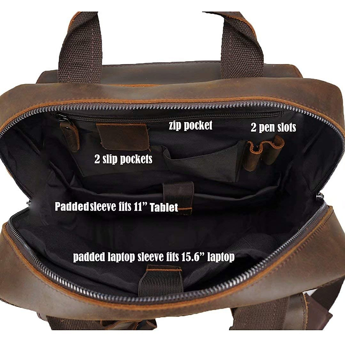 Masa Kawa Genuine Leather Backpack for Men Vintage 15.6 Inch Laptop Bag Multi Pockets Rucksack Casual Travel Daypack Brown