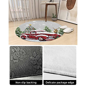 Christmas Fluffy Round Area Rug Carpets 3ft, Plush Shaggy Carpet Soft Circular Rugs, Non-Slip Fuzzy Accent Floor Mat for Living Room Bedroom Nursery Decor Snowy Red Truck Forest Winter Elk Tree Grey