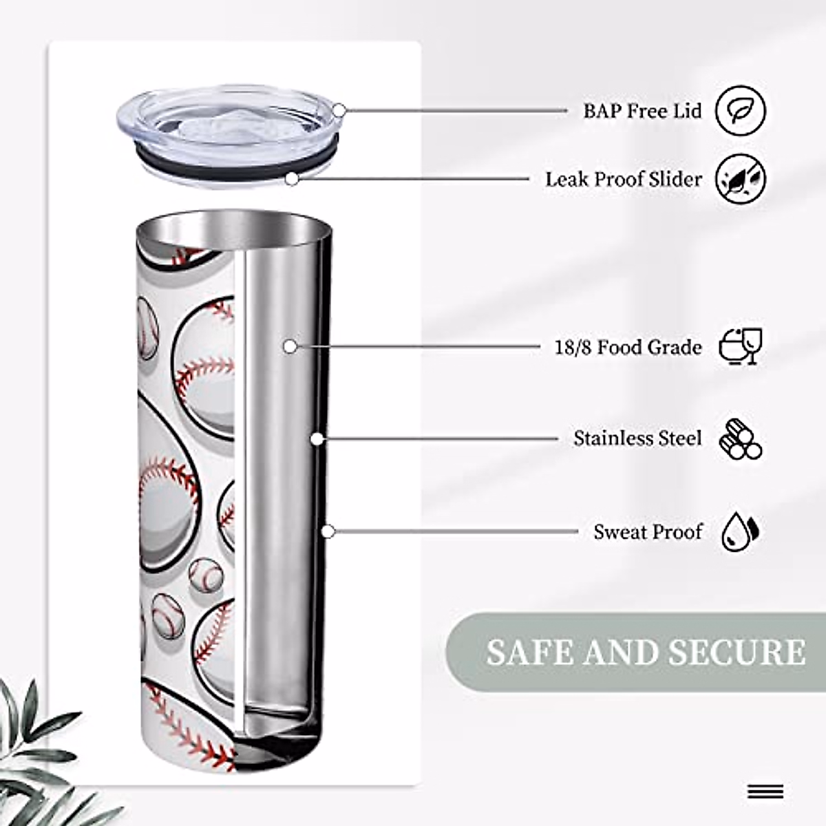 Stainless Steel Skinny Tumbler Baseball Pattern Travel Cup 20 Oz Double Wall Slim Insulated Coffee Mug With Splash Proof Lid & Straw & Cleaning Brush For Home Office
