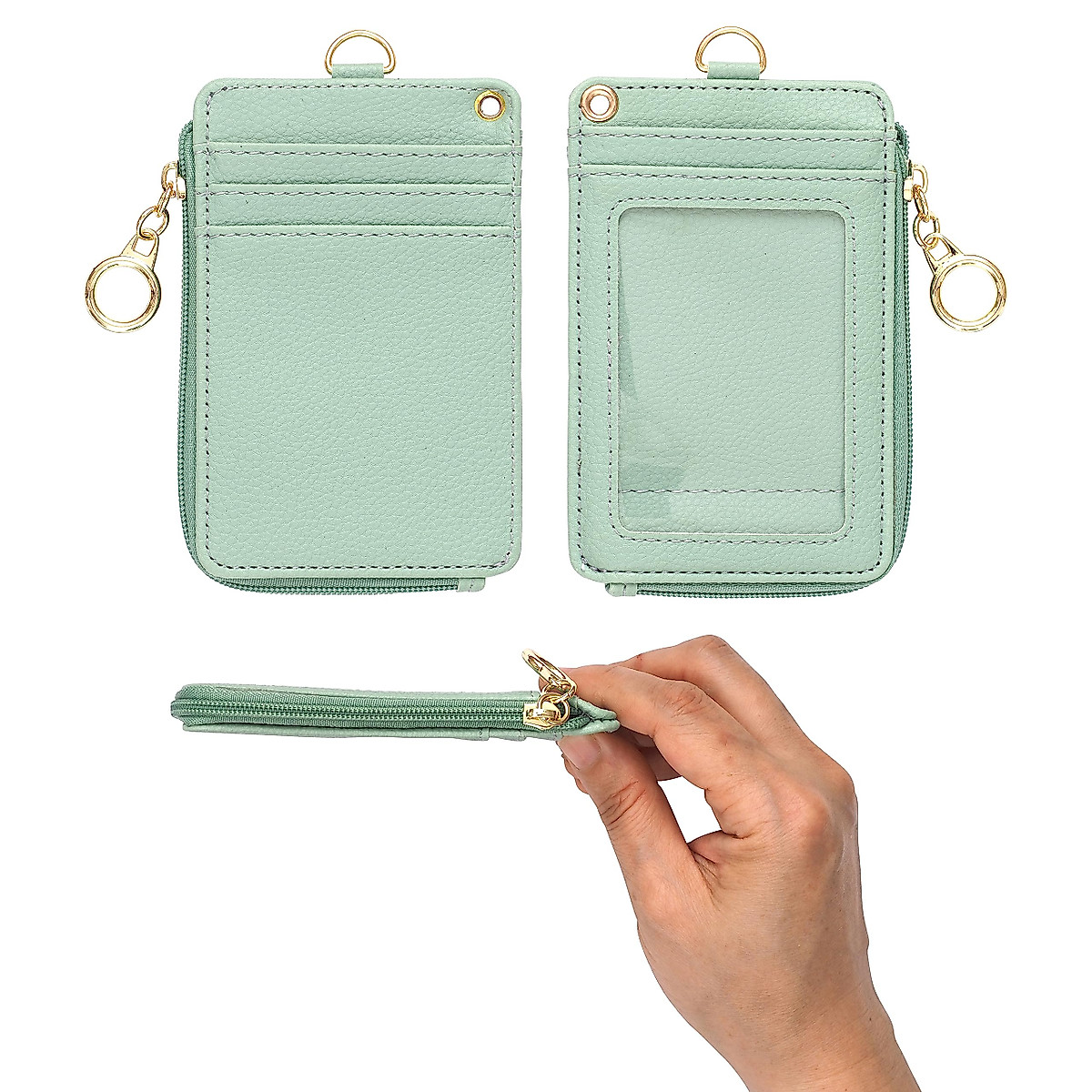 MONDO DESIGNS 2-in-1 ID Badge Holder & Lanyard Wallet - Multi-Use Womens Small Wallet with Removable Wristlet & Neck Lanyard, Clear Window, 5 Card Slots, Phone Holder, Ring Keychain - Green