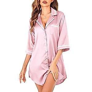 Ekouaer Women's Satin Night Shirts Women Nightgowns Sexy Sleep Shirts V Neck 3/4 Sleeve Sleepwear