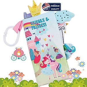 Unicorn Baby Books 0-6 Months 6 to 12 Months, Touch Feel Cloth Crinkle Books for Babies,Infants, Soft Sensory Stroller Toys Baby Gifts Shower Items, Chweing Book, Christmas Stocking Stuffers-princess