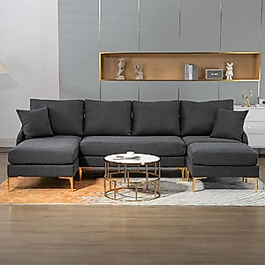 110" W Convertible Sectional Sofa with Reversible Chaise Lounge and Activity Ottoman, Polyester Blend U-Shape Modular Sectional Couch, 4-Seat Sofa Couch for Living Room Apartment Office, Charcoal Grey