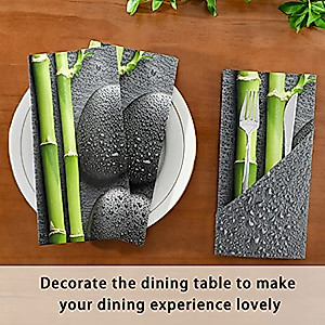 Black Zen Basalt Stones with Dew Green Bamboo on Dark Dinner Cloth Napkin, Set of 1 Oversized Reusable Table Napkins, Washable Premium Fabric with Hemmed Edges for Wedding Parties