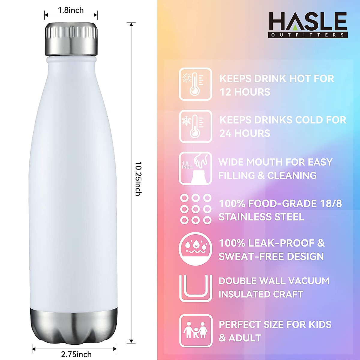 HASLE OUTFITTERS 17oz Stainless Steel Water Bottles, Vacuum Insulated Water Bottles Double Walled Powder Coated Reusable Metal Sports Water Bottles Keep Drinks Hot and Cold, White, 1Pack