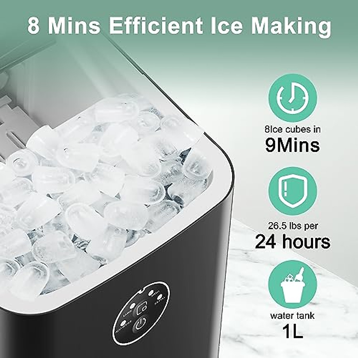 Ice Makers Countertop,Ice Maker Machine 9 Mins 8 Bullet Ice,26.5lbs/24Hrs,Portable Ice Maker Machine with Self-Cleaning,Ice Scoop&Basket,for Home/Kitchen/Office/Party/RV