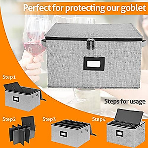 homyfort Wine Glass Storage Boxes with Dividers,China Storage Containers Stemware Chest Boxes Holds 12 Wine Glass or Crystal Glassware with Label Window and Handles,Hard Shell and Stackable (Grey)