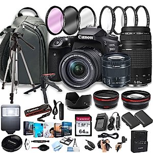 Canon EOS 90D DSLR Camera w/EF-S 18-55mm F/4-5.6 STM Zoom Lens + 75-300mm F/4-5.6 III Lens+ 64GB Memory Cards, Professional Photo Bundle (42pc Bundle)
