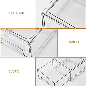 2 Pack Stackable Refrigerator Organizer Bins with Pull-out Drawer Clear Plastic Kitchen Storage Box for Fridge and Cabinets, 4.7" x 13.2" x 4.3"