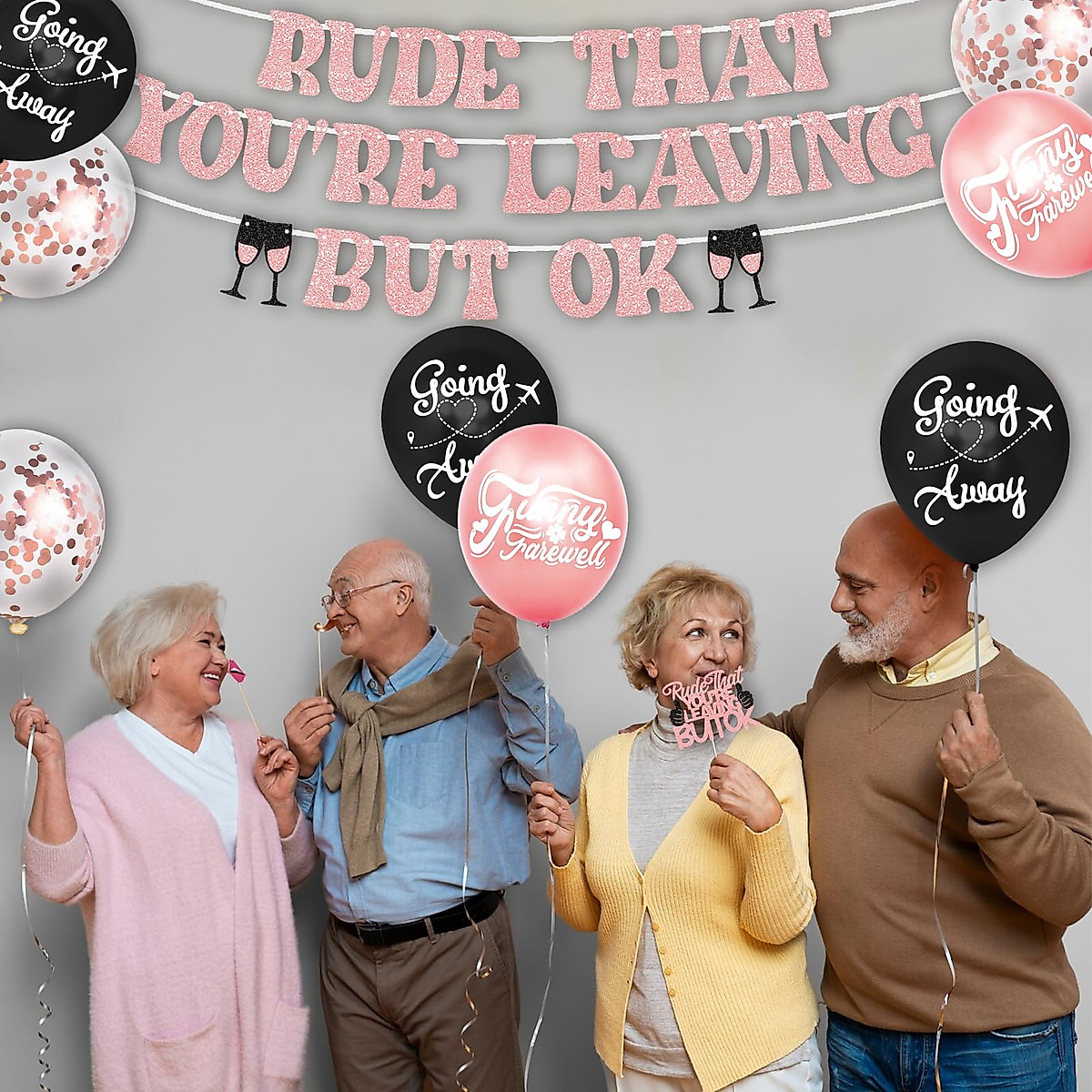 RUDE THAT YOU'RE LEAVING BUT OK Banner & Cake Toppers & Balloons, Going Away Party Decorations, Office Coworker Goodbye Party, Retirement Party Decoration, Graduation Party Decorations(Rose Gold)