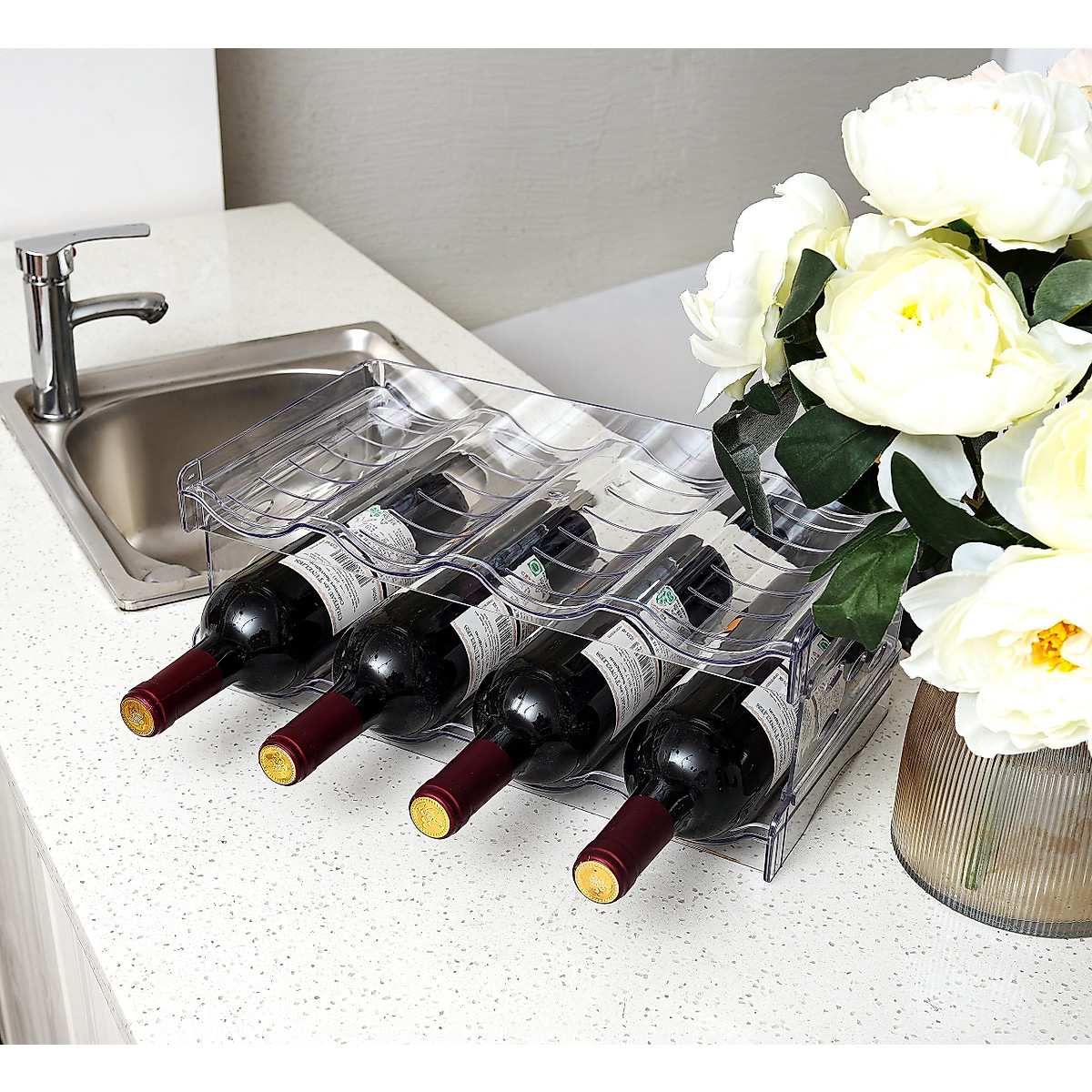 IEEK 2 Pack Stackable Wine and Water Bottle Holder Free-Standing Fridge Wine Bottle Organizers Clear Plastic Water Bottle Holder for Cabinet,Refrigerator,Pantry,Kitchen Countertops,Holds 8 Bottles