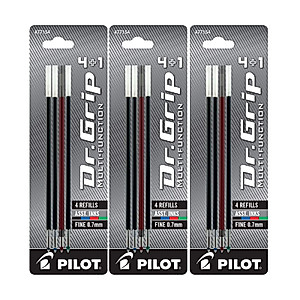 PILOT Dr. Grip 4+1 Multi-Function Ballpoint Ink Refills, Fine Point, Black/Red/Blue/Green Inks, 3 Pack