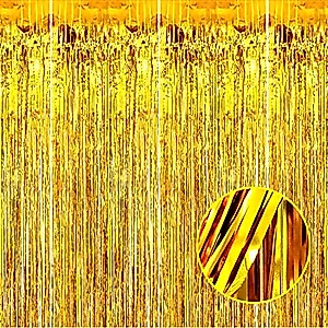 4 Pack Gold Foil Fringe Curtain Backdrop, 3.28Ft x 8.2Ft Metallic Tinsel Foil Fringe Streamer Curtains for Photo Booth Props Decor Party Supplies