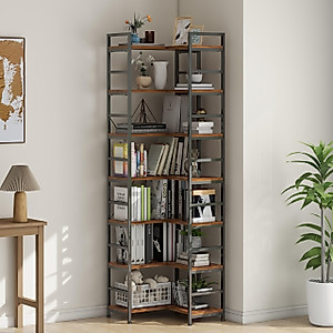 Tohomeor 7-Shelf Corner Bookshelf Freestanding Large Modern Corner Bookcase 7-Tier Tall Corner Shelf Storage Display Rack with Metal Frame for Living Room Home Office (Rustic Brown, 7 Tier)