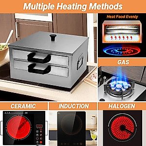 2-Layer Rice Noodle Roll Steamer, Stainless Steel Extra Steam Tray with Thick Plastic Handle, Top Open Rice Roll Steamer, for Chinese Cheung Fun Changfen Cuisine Recipes Cookware, for Furnace, Stove