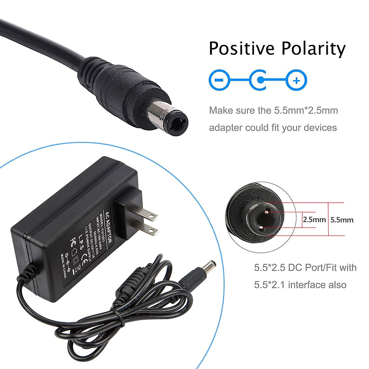 12V 3A Power Adapter, COOLM AC 100V-240V to DC 12 Volt 3amp 3000mA Power Supply 5.5mm x 2.5mm 36W Switching Charger with Female Connector for LCD Monitor, Wireless Router, CCTV Cameras