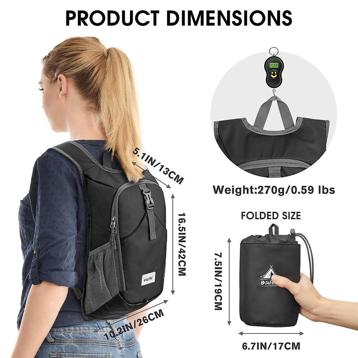 G4Free 10L Hiking Backpack, Lightweight Small Hiking Daypack Small Outdoor Travel Foldable Shoulder Bag, Black