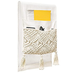 Mkono Macrame Sofa Armrest Organizer Remote Control Holder Magazine Storage Basket Bed Couch Chair Arm Bedside Caddy for TV Remote Control, Magazine, Books, Cell Phone, iPad, Boho Home Decor, Ivory