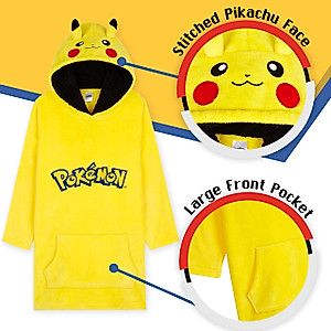 Pokemon Boys Oversized Hoodie with Sherpa-Lined Hood - Blanket Hoodies for Kids (Yellow/Black Pikachu)