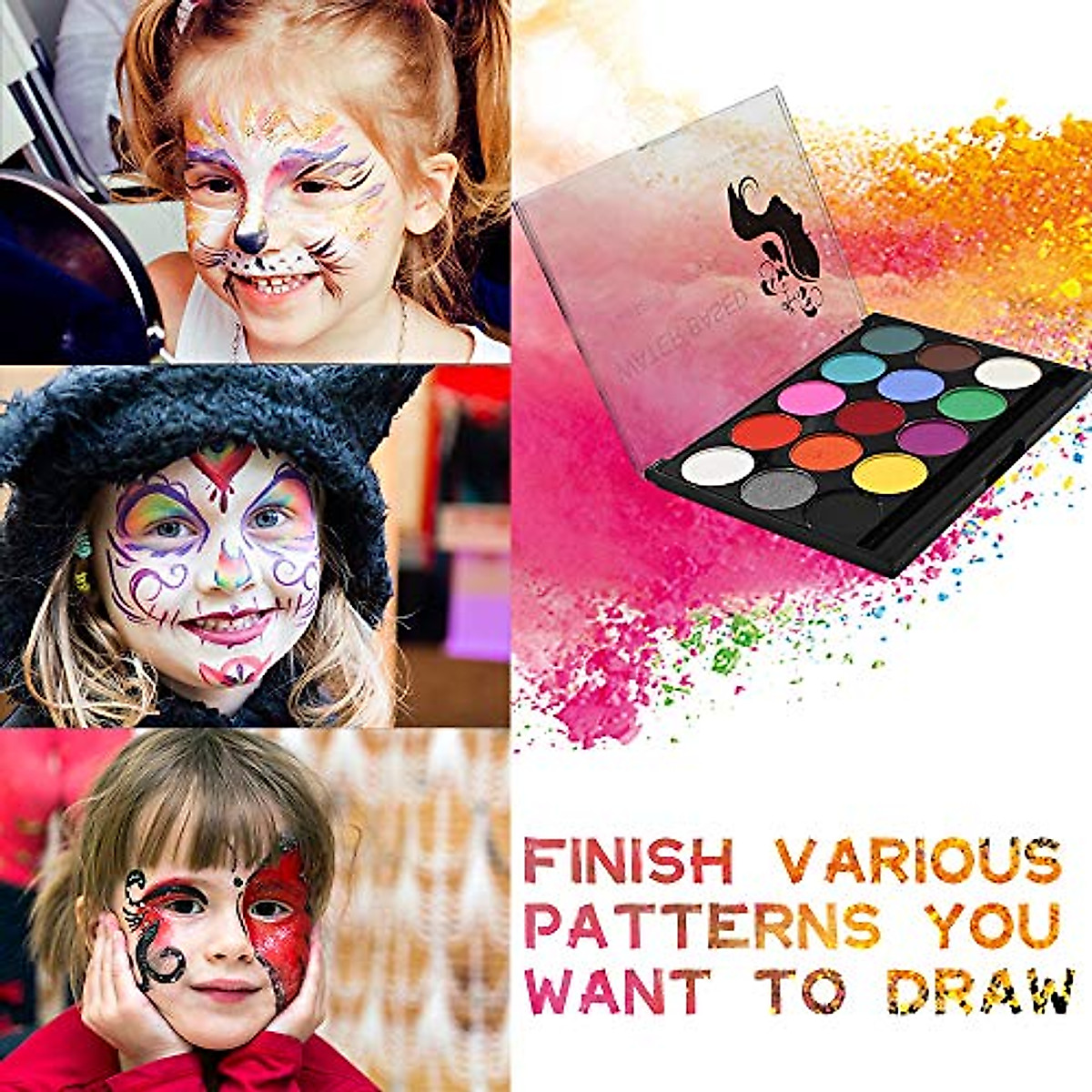 Senbos Face Paint Kits for Kids, 15 Colors Water Based Non-Toxic Quality Palette Body Face Painting Supplies Face Paint Set Washable Face Body Makeup Kits with 2 Brushes for Party Cosplay