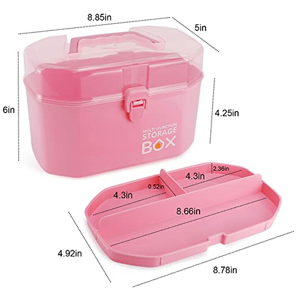 HengLiSam Plastic Box Organizer with Removable Tray, Multipurpose Organizer for Girls, Portable Handled Storage Case for Art Craft and Cosmetic(Pink)