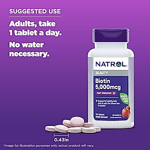 Natrol Beauty Biotin 5000mcg, Dietary Supplement for Healthy Hair, Skin, Nails and Energy Metabolism, 90 Strawberry-Flavored Fast Dissolve Tablets, 90 Day Supply