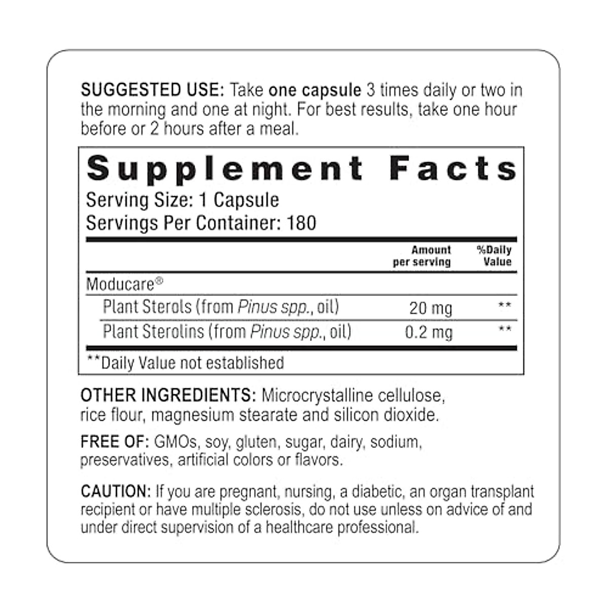 Moducare Daily Immune Support, Plant Sterol Dietary Supplement, 180 Vegetarian Capsules (Packing May Vary)