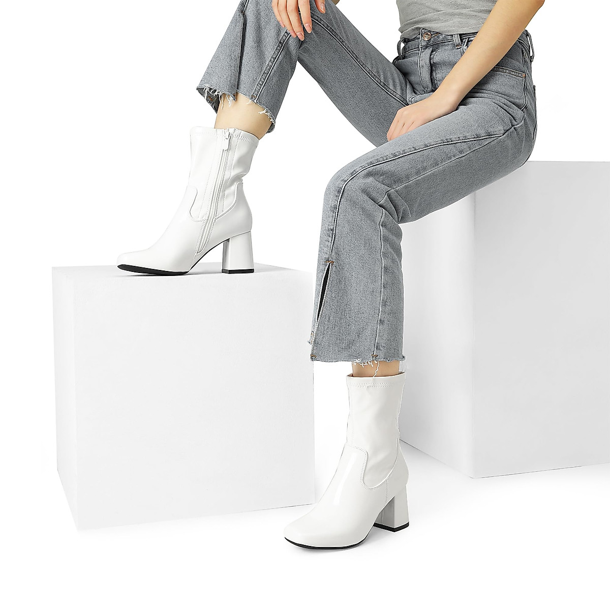 DREAM PAIRS Women's Go Go Boots Mid Calf Low Block Heel Boots Zipper Square Toe Ankle Boots For Party Cosplay Dance,Size 8.5,WHITE-PAT,SDMB2301W