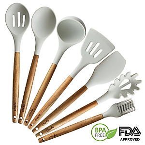 Silicone Cooking Utensils | Wooden Handle, Non-Stick Cookware Heat Resistant Kitchen Utensil Spatula, Slotted & Solid Spoon, Soup Ladle, Slotted Turner and Spaghetti Server,| Acacia Wood - Light Grey