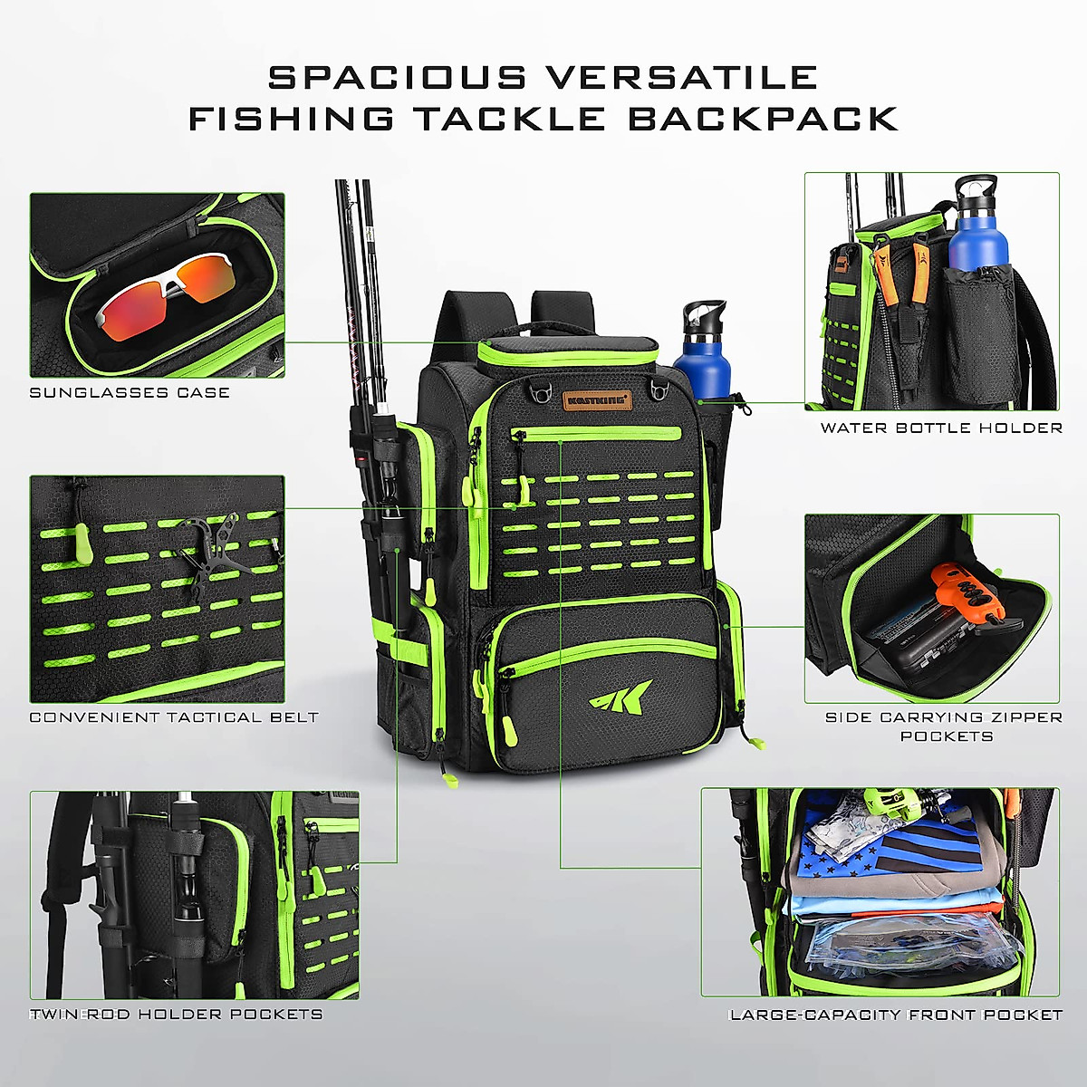KastKing Bait Boss Fishing Tackle Backpack with Rod Holders-4 Tackle Boxes-Rain Cover,43L Large Storage for Fishing Gear,Green