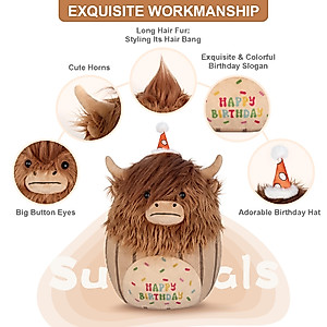 SuzziPals 17 inch Happy Birthday Highland Cow Stuffed Animal Plush Pillows, Soft Cow Pillow Cow Plushies Room Decor, Cows Plush Toys for Hugging & Squish, Highland Cow Gifts Cute Birthday Gifts