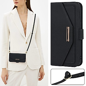 Jaorty Crossbody Wallet for iPhone 11 Pro Case with Adjustable Lanyard Strap Credit Card Holder 5.8",PU Leather Handbag Purse Kickstand Make Up Mirror Cover Case for Men Women Girl,Black