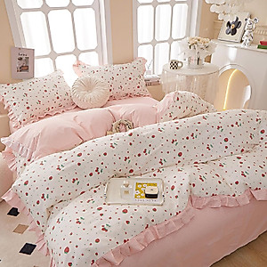 MKXI Strawberry Comforter Set Twin XL Pink White Floral Comforters Kawaii Fruits Artistic Bedding Set Princess Twin Bed Comforter with Ruffles Girls Pink Flowers Bedding Comforter Duvet Set