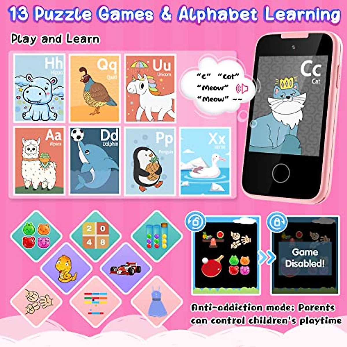 Kids Phone for Girls Aged 3-6 with Dual Camera, Touchscreen Toy Phones for Kids MP3 Music Player 13 Puzzle Games, Educational Toys Christmas Birthday Gifts for Girls Ages 3 4 5 6 7 with SD Card Pink