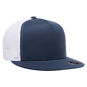 Your Logo Embroidered On Yupoong 6006 Flatbill Trucker Snapback Hat Custom Logo (Navy/White)