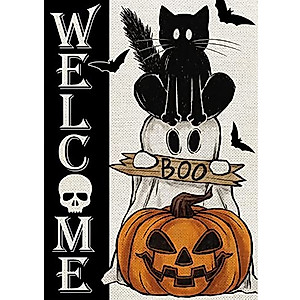 Welcome Halloween Diamond Painting Kits for Adults Beginners, Black Cat Ghost Boo Pumpkin 5D Diamond Art Kits, DIY Full Round Drill Gem Art, Fall Home Wall Decor 12 x 16 Inch