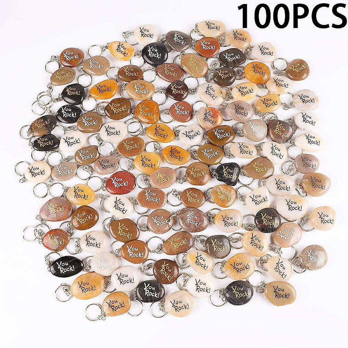 ROCKIMPACT 100PCS You Rock Inspirational Stone Key Chains, Pocket Word Stone Keyring Lot, Engraved Natural River Rock Key Rings, Teamwork Bonding Gift Bulk Keychain (You Rock! 100 Pieces)