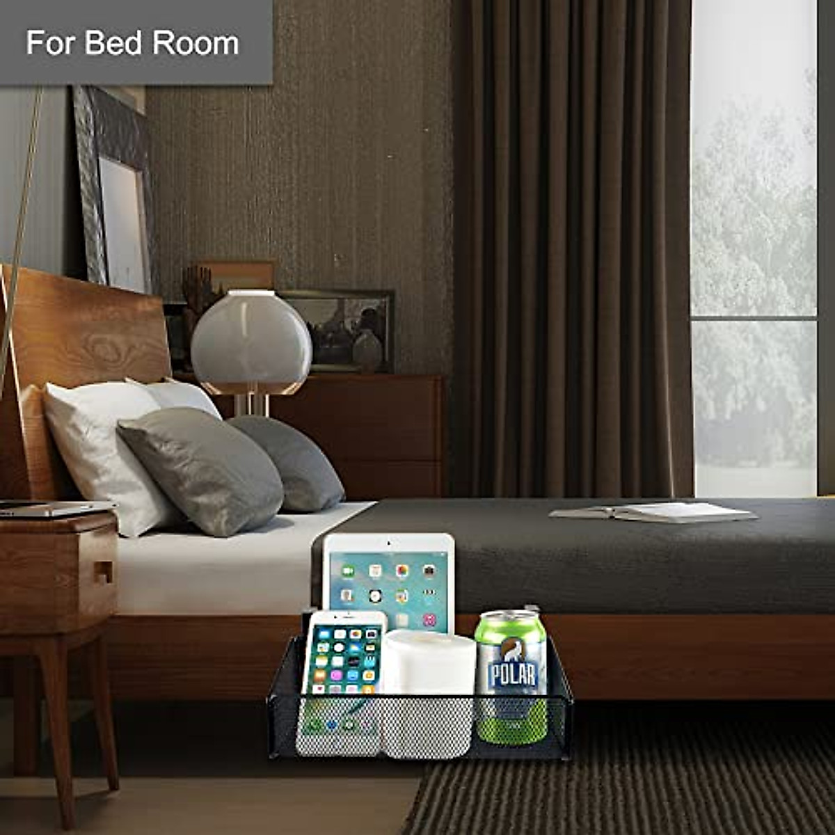 Bedside Shelf for Bed & Bunk Bed Storage Basket Office Cubical Wall Hanging Organizer - 5 Different Size Hooks - College Dorm Home Office Essentials for Phone,Book,Drink,Tissue (Black)