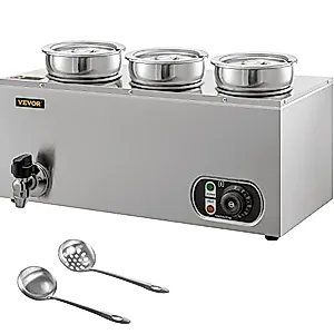 VEVOR 110V Commercial Food Warmer 12.6 Qt Capacity, 800W Electric Soup Warmer Adjustable Temp.86-185℉, Stainless Steel Countertop Soup Pot with Tap, Bain Marie Food Warmer for Cheese/Hot Dog/Rice