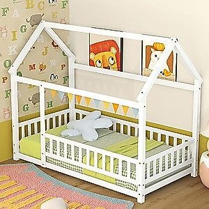 Bellemave Twin Size House Floor Bed,Wooden Montessori Bed with Fence and Roof for Kids,Playhouse Twin Bed Frame for Girls,Boys(Twin,White)