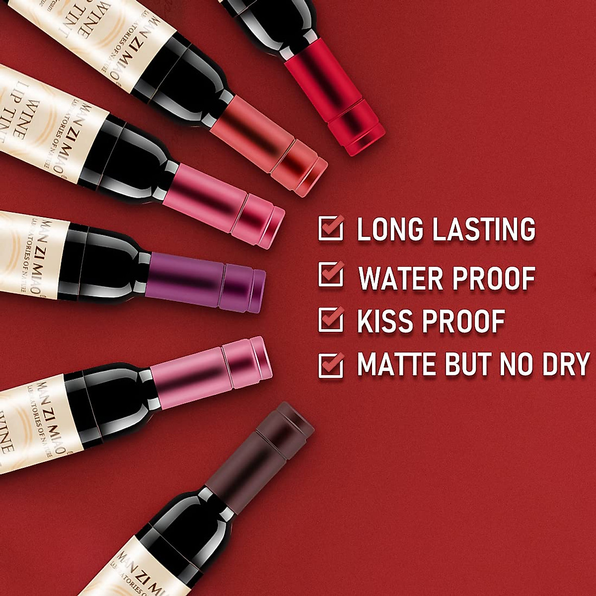 SOVONCARE MANZIMIAO 6 Colors Matte Liquid Lipstick, Wine Lip Tint Waterproof Natural Long Lasting Lip Gloss Mini Make Up Lip Sticks Wine Bottle