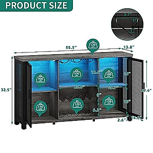 YITAHOME Bar Cabinet w/LED Lights for Liquor and Glasses, Coffee Bar Cabinet w/Wine Racks, Mesh Door, Glass Holders, Industrial Storage Buffet Cabinet for Kitchen, Dining Room, Living Room, Dark Gray