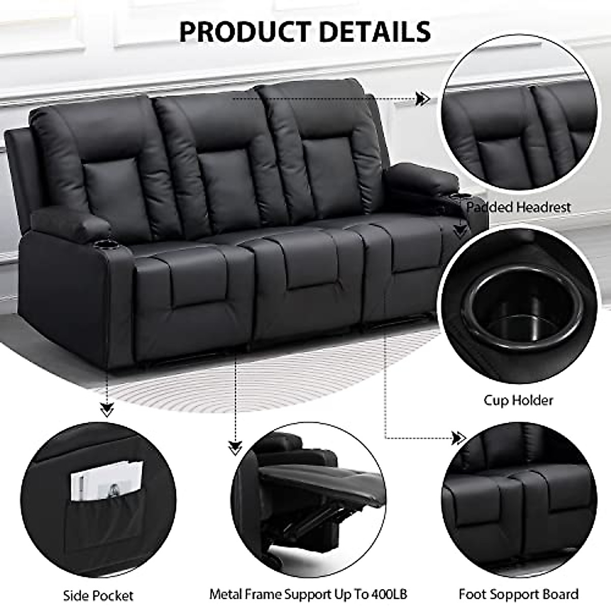 COMHOMA Recline Chair Set，Furniture 3PC Bonded Leather Recliner Set Living Room Set, Sofa with massger(Black, 3+2+1)