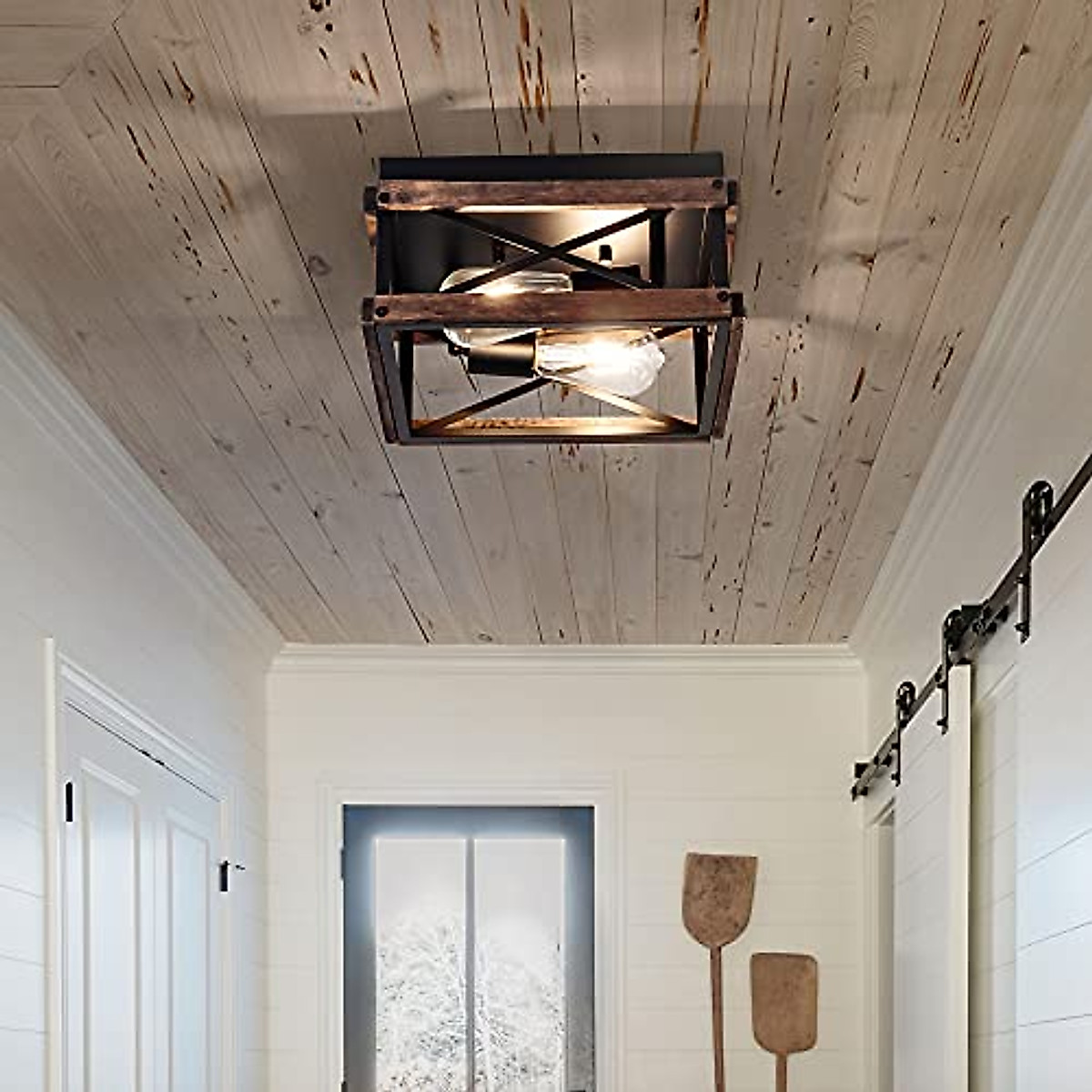 Mayful Flush Mount Light Fixture, 2-Light Rustic Ceiling Light Combine with Metal and Wood Frame, Farmhouse Flush Mount Ceiling Light for Kitchen Hallway Entryway Bedroom Porch Living Room…