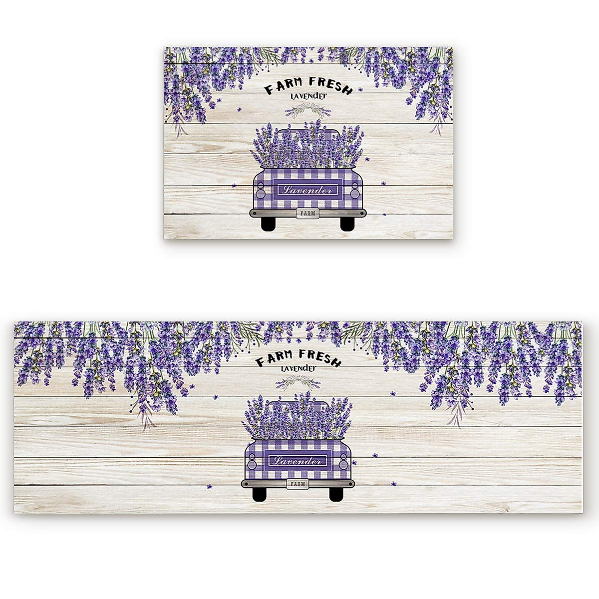 Kitchen Rug Set of 2 Piece Truck With Lavender Floor Mats Non-Slip Area Runner Carpet Washable Carpet Indoor Doormat Pad Sets, Farm Fresh Flower Farmhouse Purple Floral Wood 19.7x31.5in+19.7x47.2in