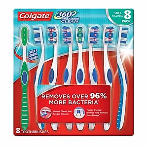 Colgate 360 Toothbrush with Tongue and Cheek Cleaner - Soft (8 Pack)